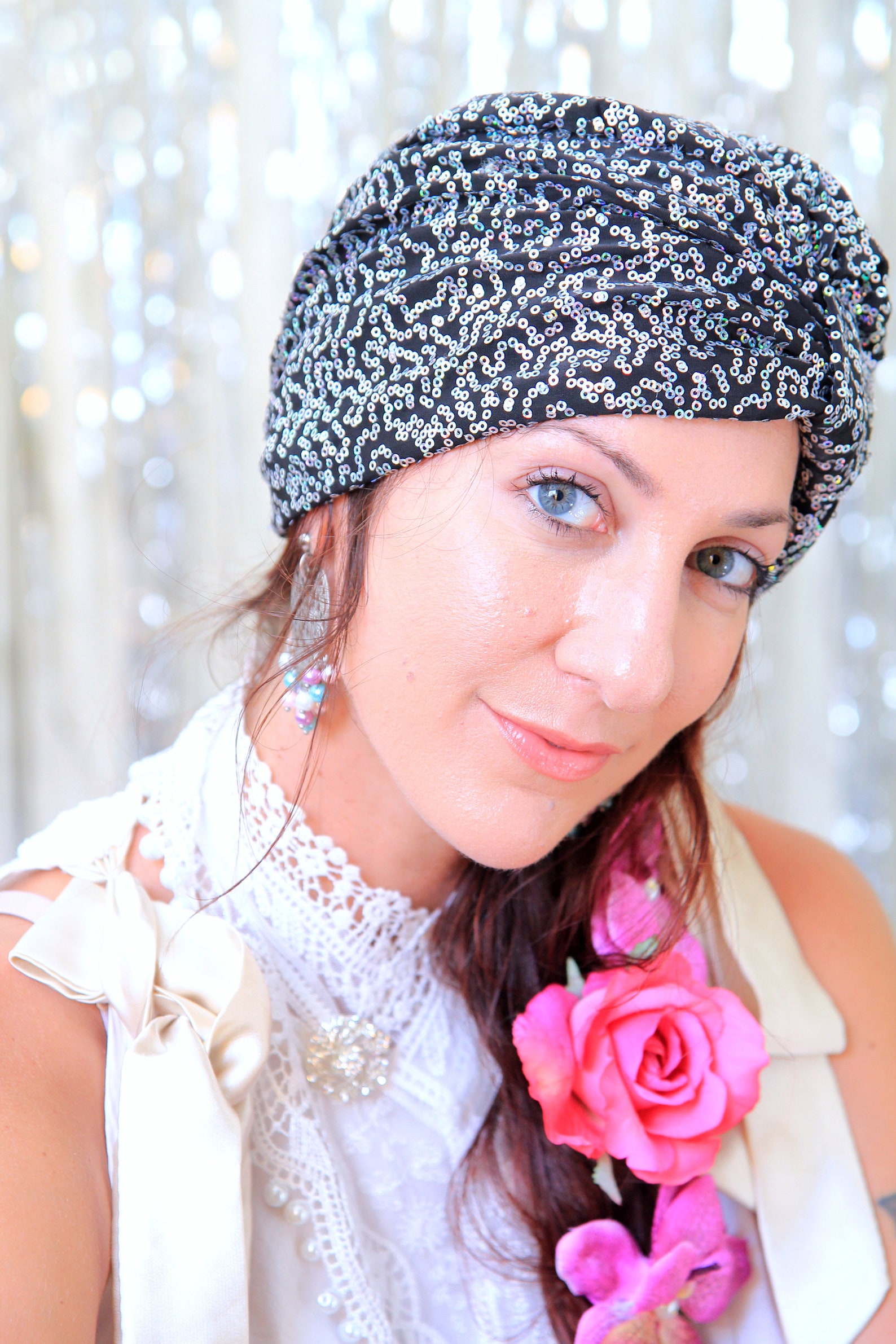 Sequin Turban in Silver and Black - Women's Turban Headwrap - Full ...