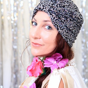 Sequin Turban in Silver and Black - Women's Turban Headwrap - Full ...