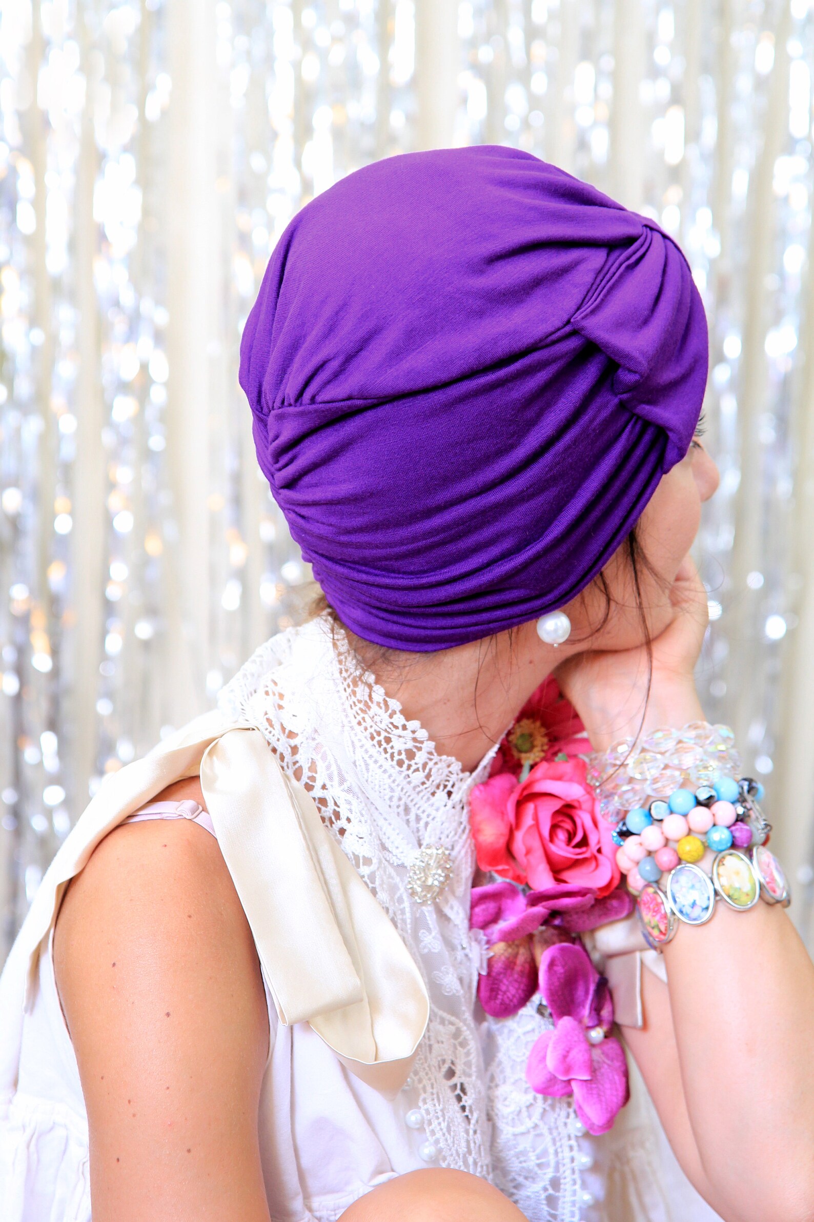 Turban With Bow - Womens Purple Turban Headwrap - Fashion Hair Covering ...