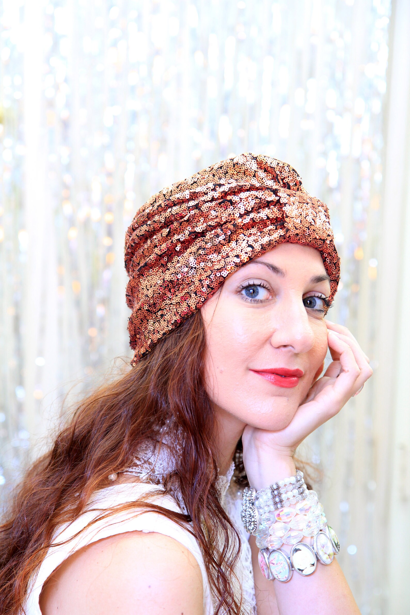 Sequin Turban Hat in Copper - Women's Hair Turbans - Mardi Gras Fashion ...