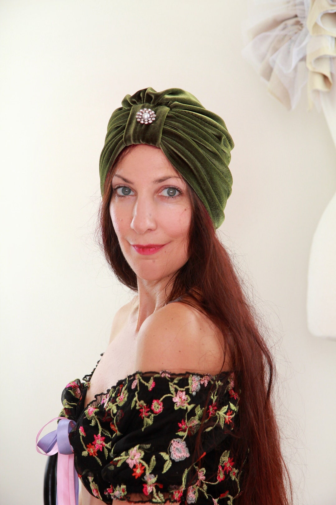 Olive Green Velvet Turban - Women's Jeweled Turban Hat or Headwrap ...