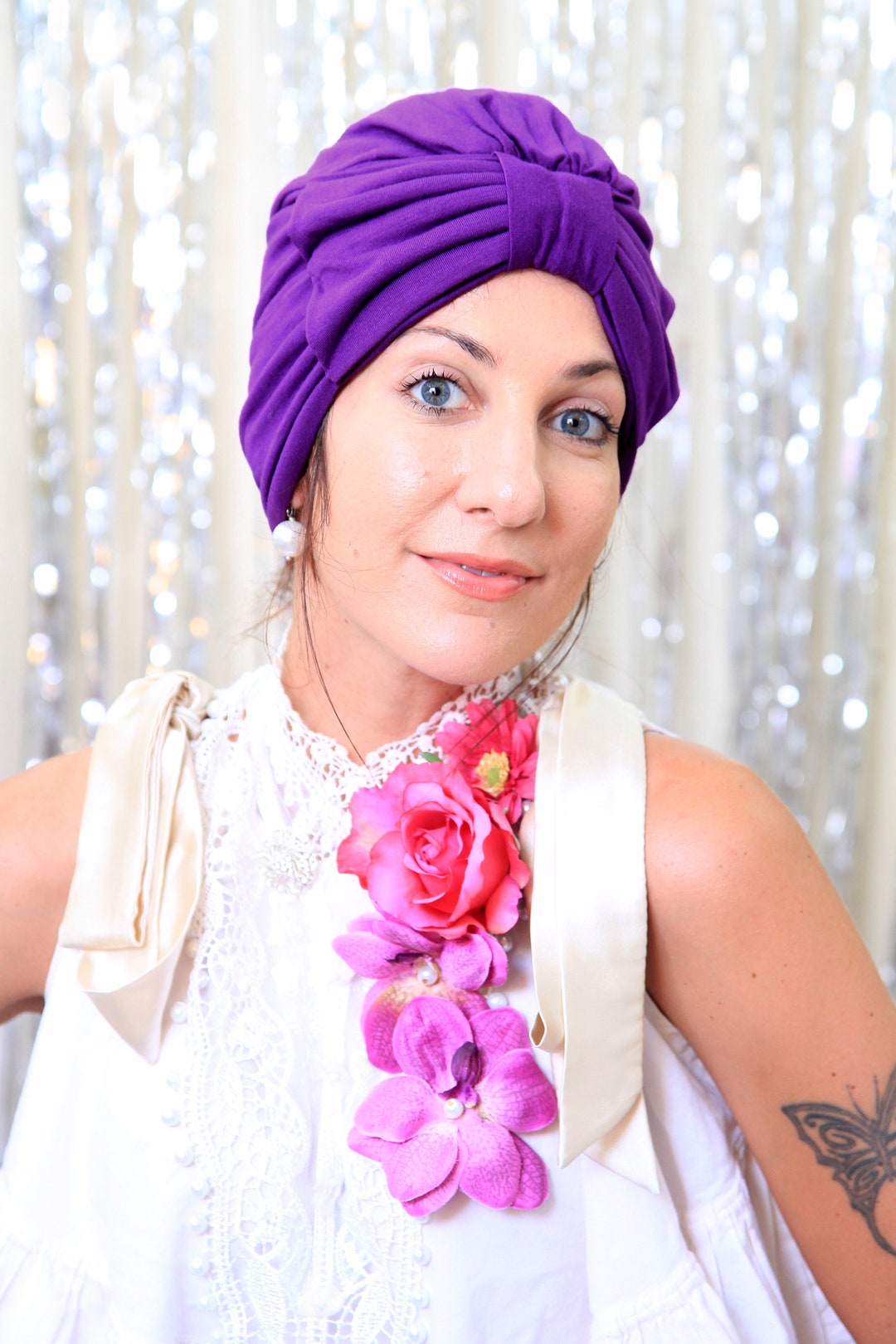 Turban With Bow - Womens Purple Turban Headwrap - Fashion Hair Covering ...