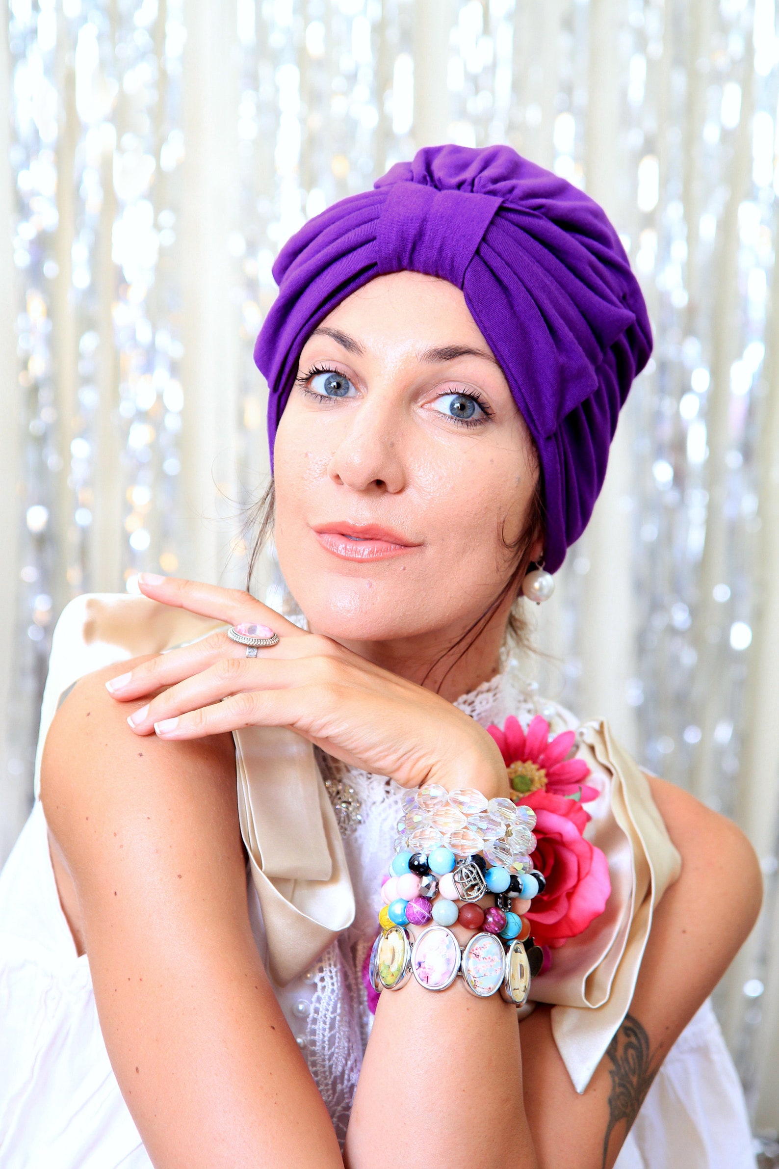 Turban With Bow - Womens Purple Turban Headwrap - Fashion Hair Covering ...