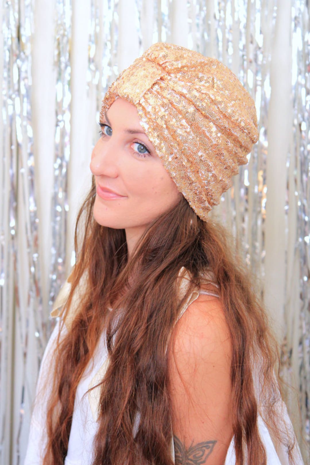 Fashion Turban in Light Gold Sequins - Sparkly Bohemian Style Hair Wrap ...