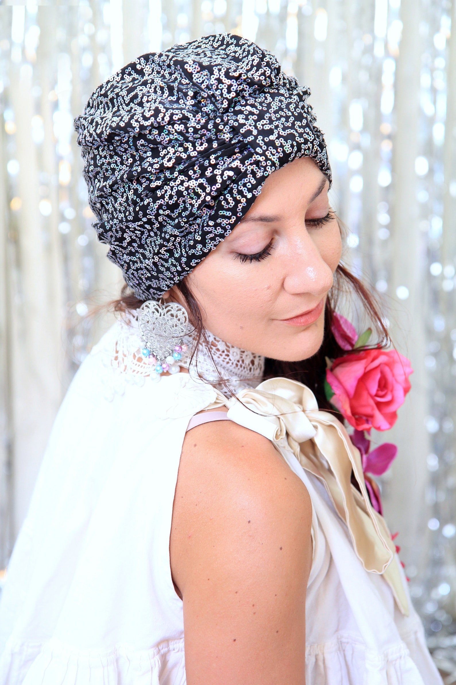 Sequin Turban in Silver and Black - Women's Turban Headwrap - Full ...