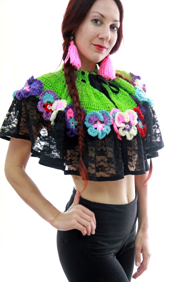 Women's Cape With Flowers - Black Lace and Bright Green Wrap - Avant ...