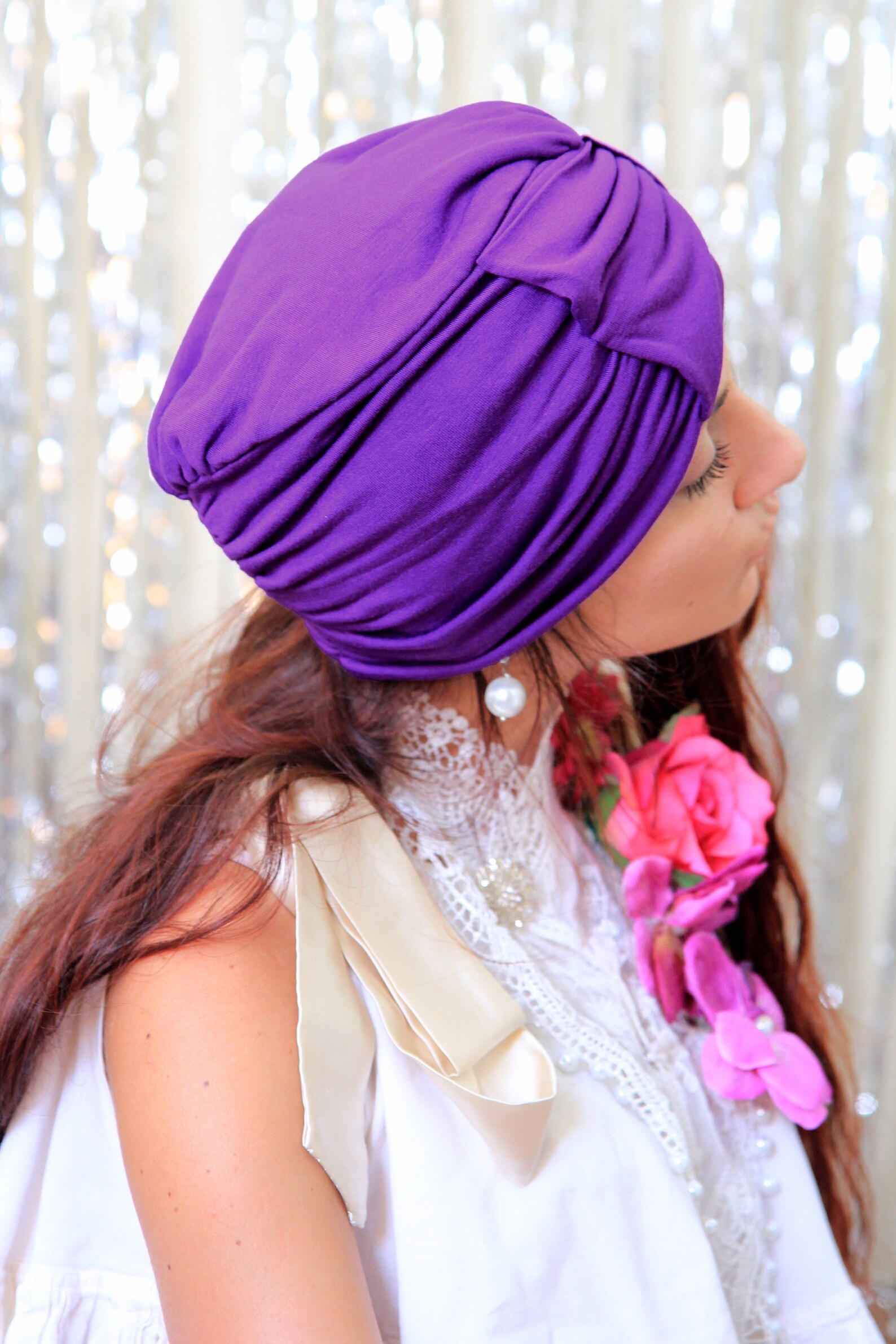 Turban With Bow - Womens Purple Turban Headwrap - Fashion Hair Covering ...