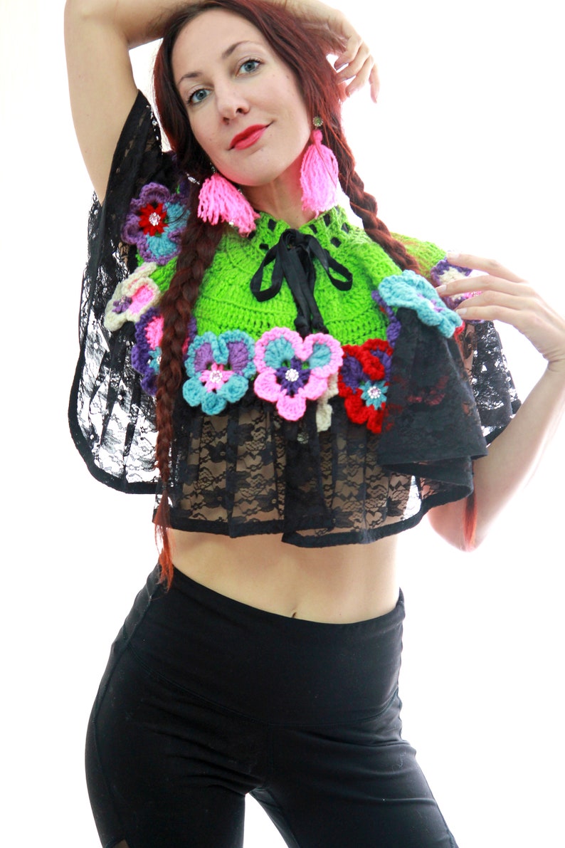 Women's Cape With Flowers - Black Lace and Bright Green Wrap - Avant ...