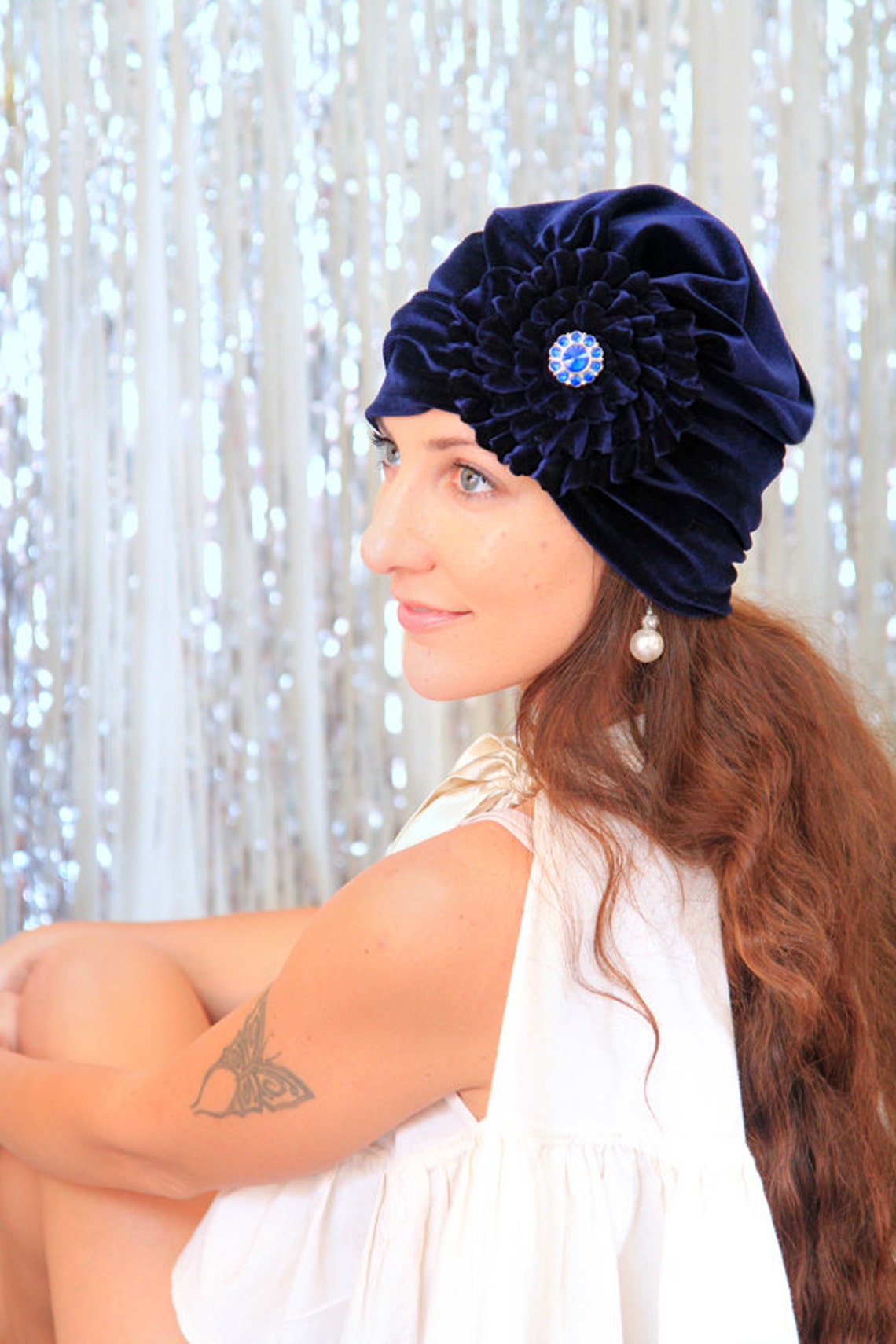Turban With Flower Navy Blue Velvet Headwrap in | Etsy