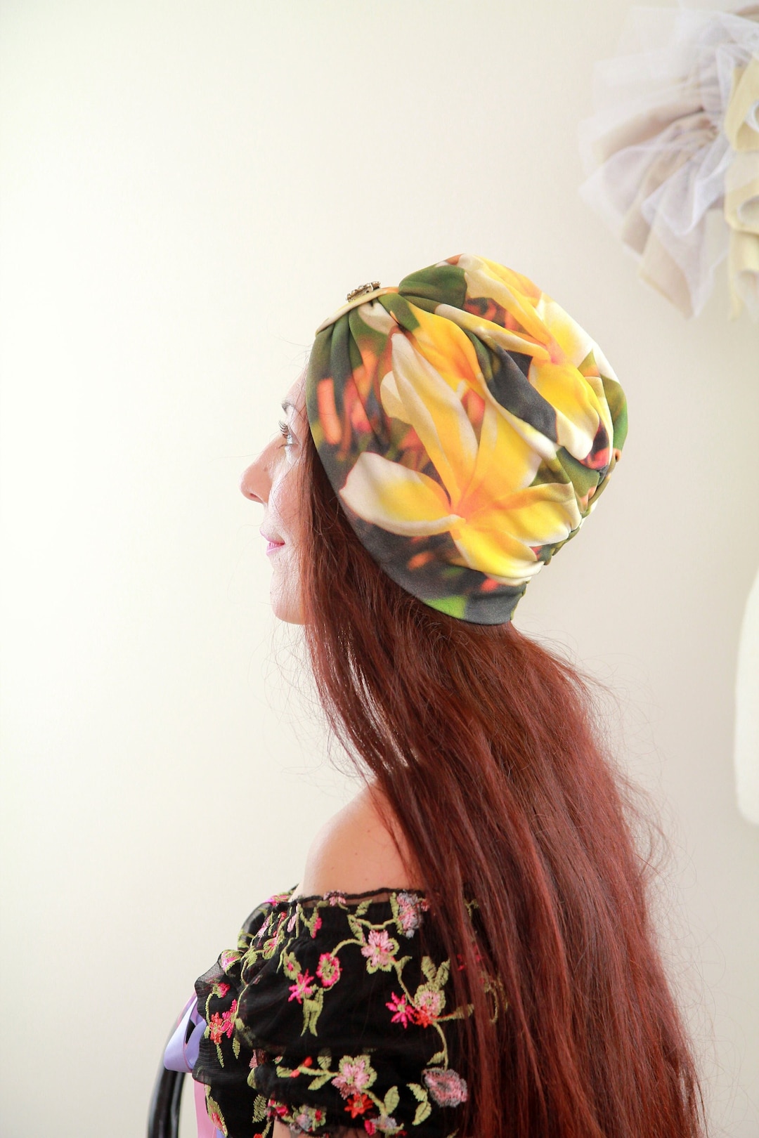 Organic Cotton Turban Headwrap in Plumeria Floral Print - Meditation or ...