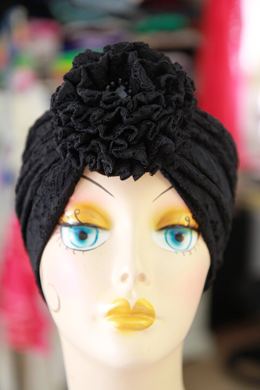 Women's Black Lace Turban With Rosette - Full Turban Headwrap With ...