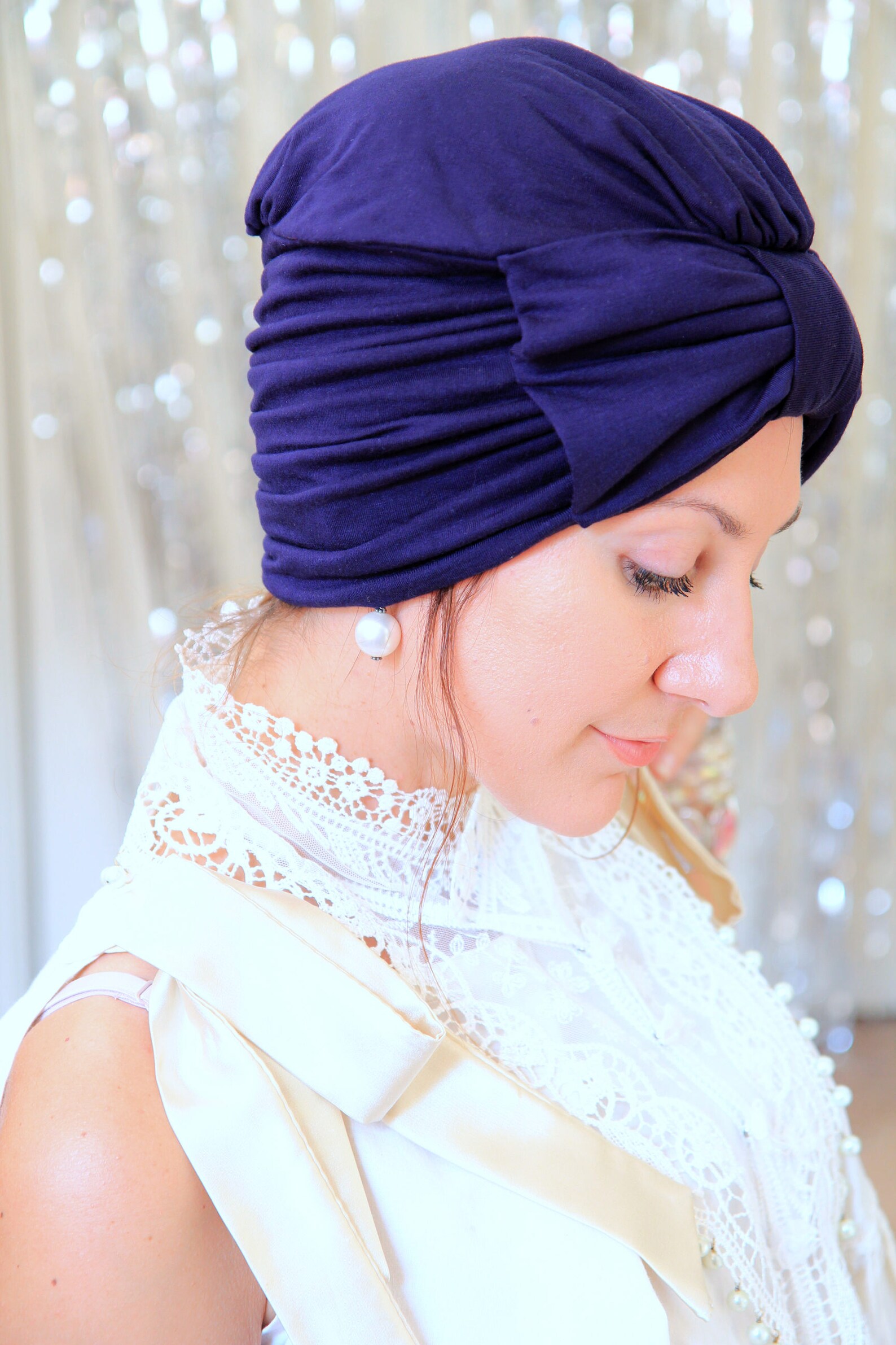 Navy Blue Turban With Bow - Fashion Turbans for Women - Full Turban ...