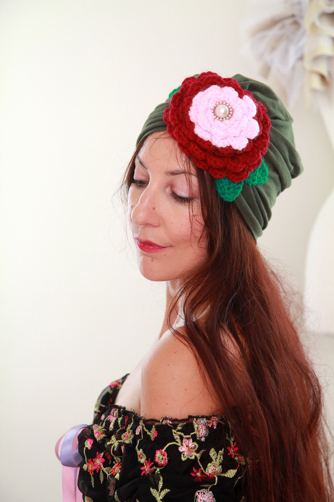 Turban With Flower - Olive Green Cotton Head Wrap - With Red and Pink ...