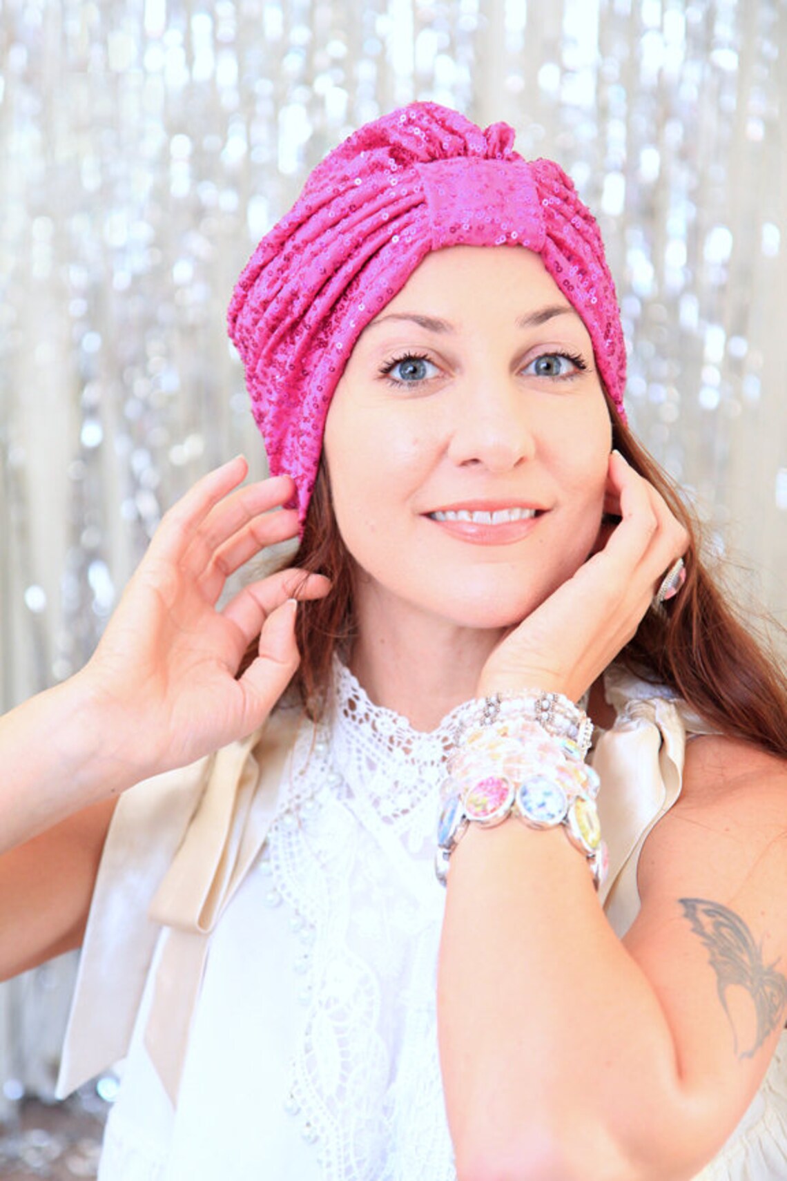 Sequin Turban in Raspberry Pink Women's Headwrap Turbans | Etsy