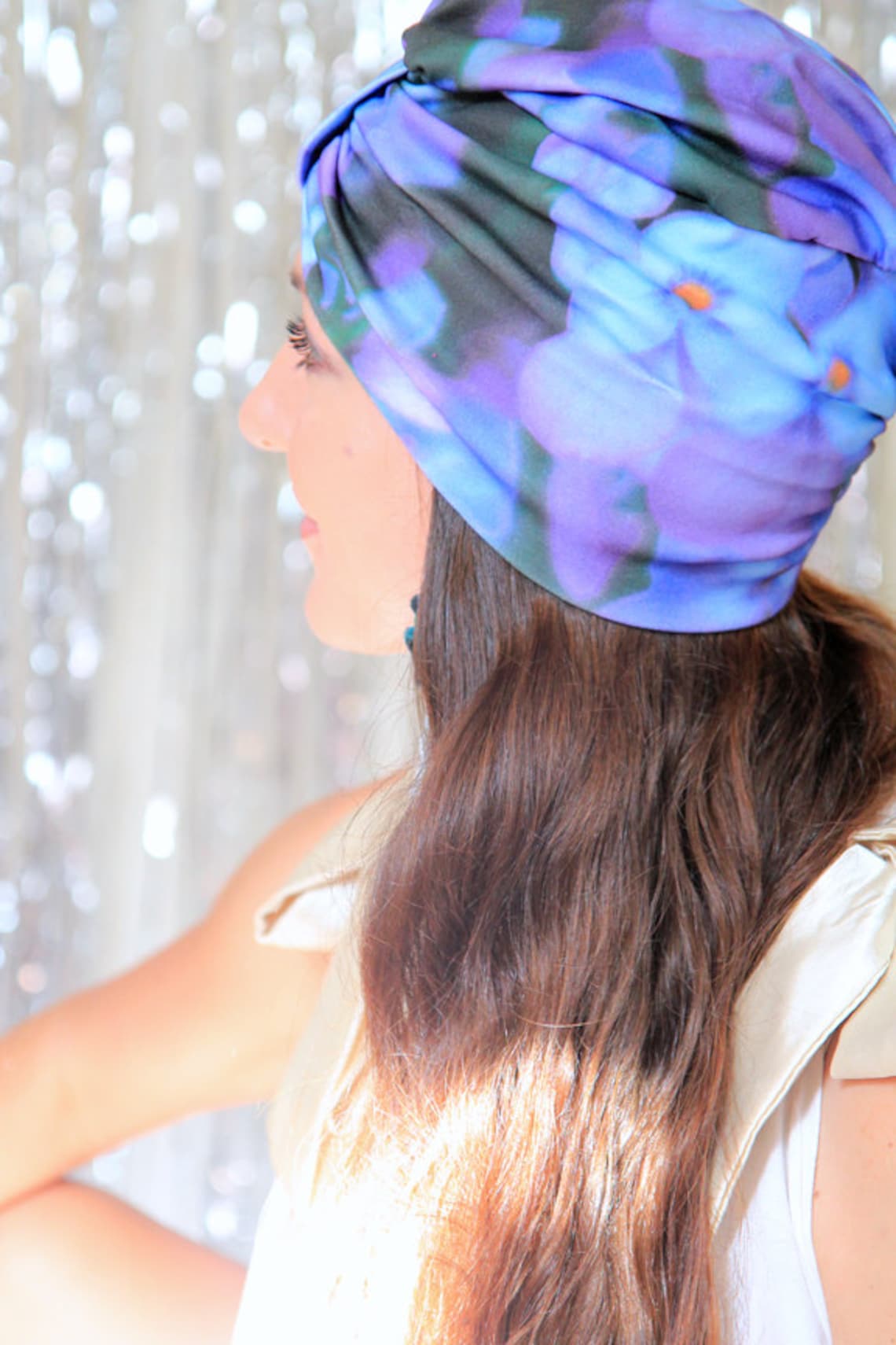 Turban Hat - Women's Floral Print Organic Cotton Headwrap - Purple ...