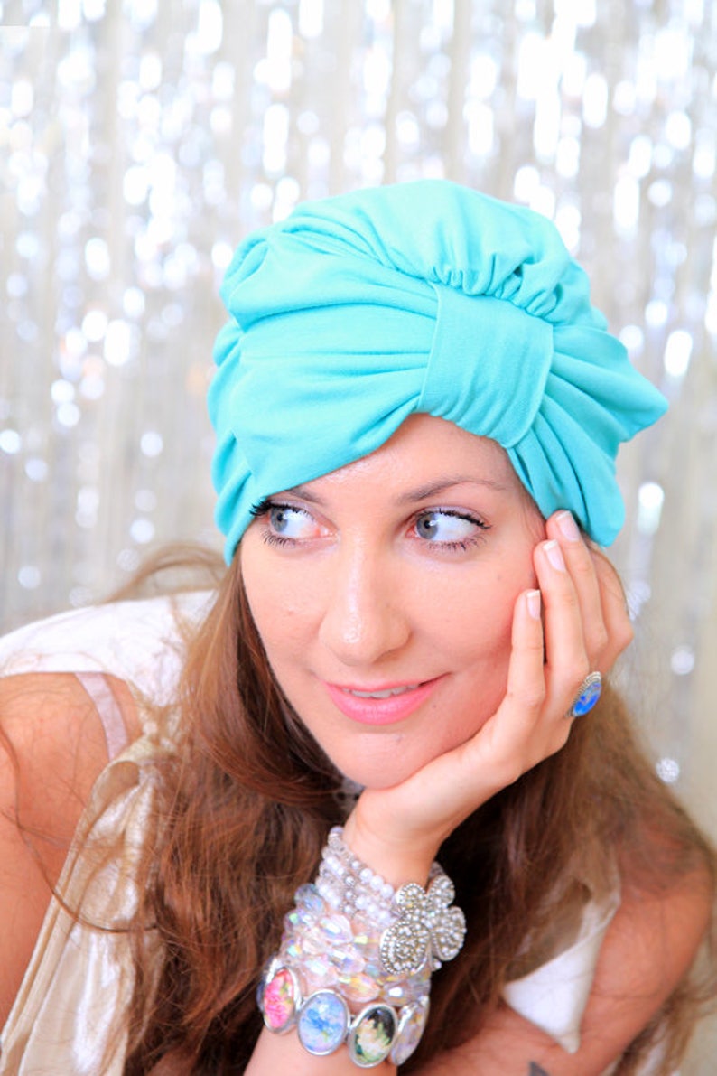 Hair Turban With Bow in Caribbean Sea Blue Light Teal Jersey - Etsy