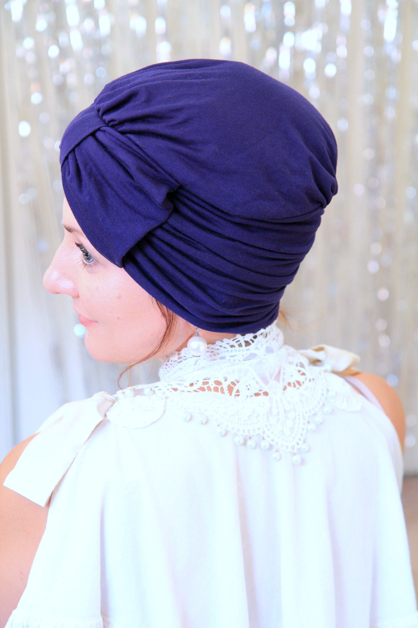 Navy Blue Turban With Bow - Fashion Turbans for Women - Full Turban ...