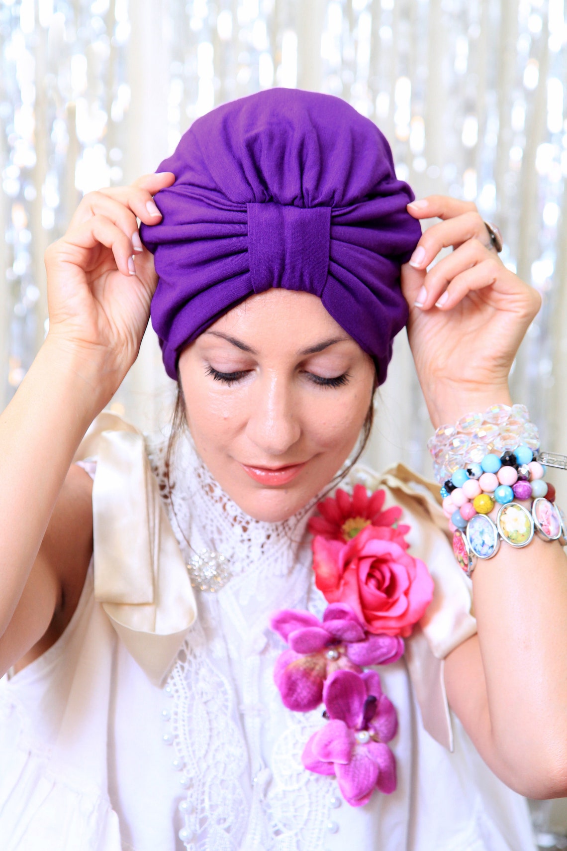 Turban With Bow - Womens Purple Turban Headwrap - Fashion Hair Covering ...