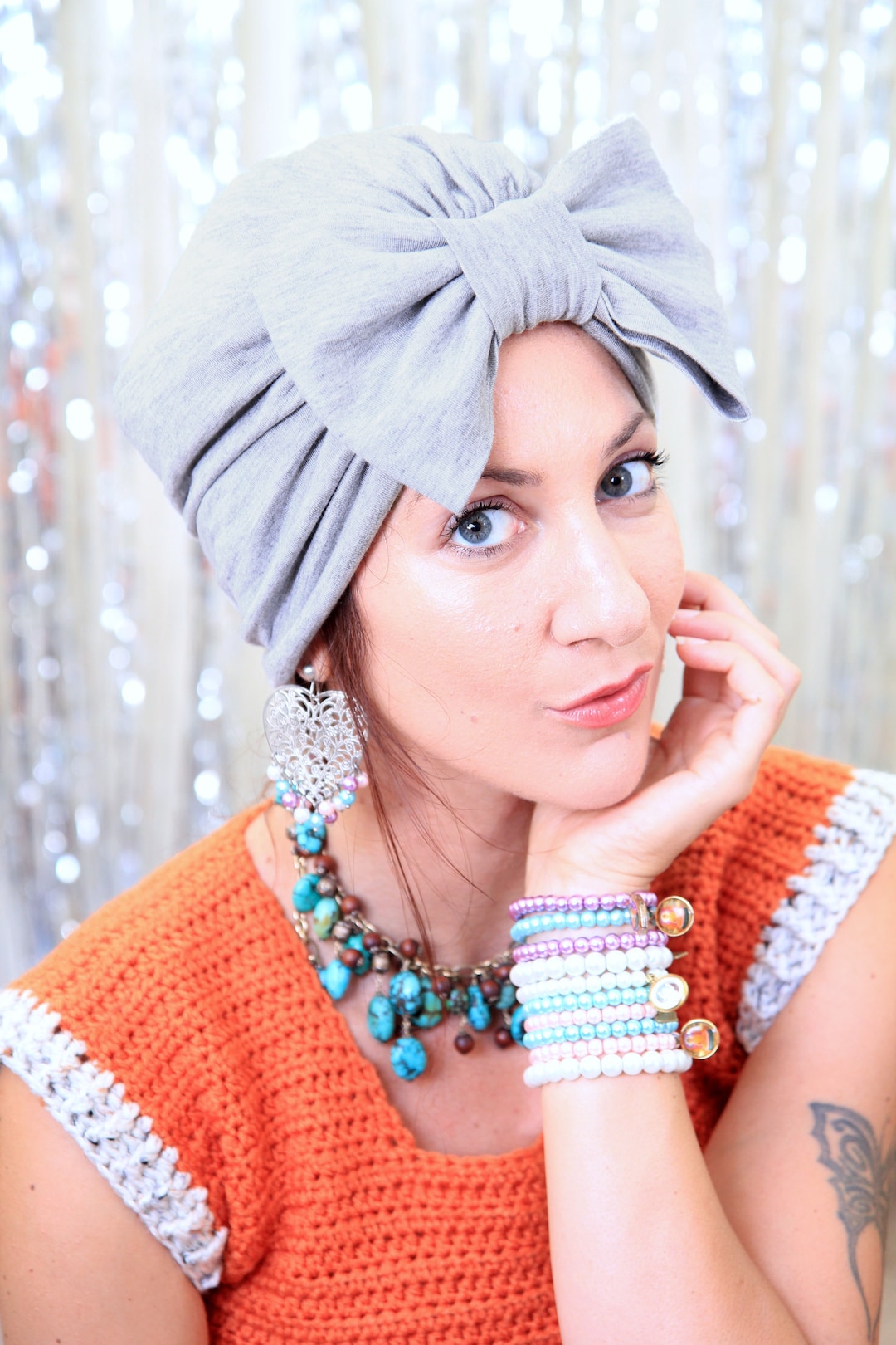 Women's Turban With Bow in Light Heather Grey - Bow Turbans for Women ...