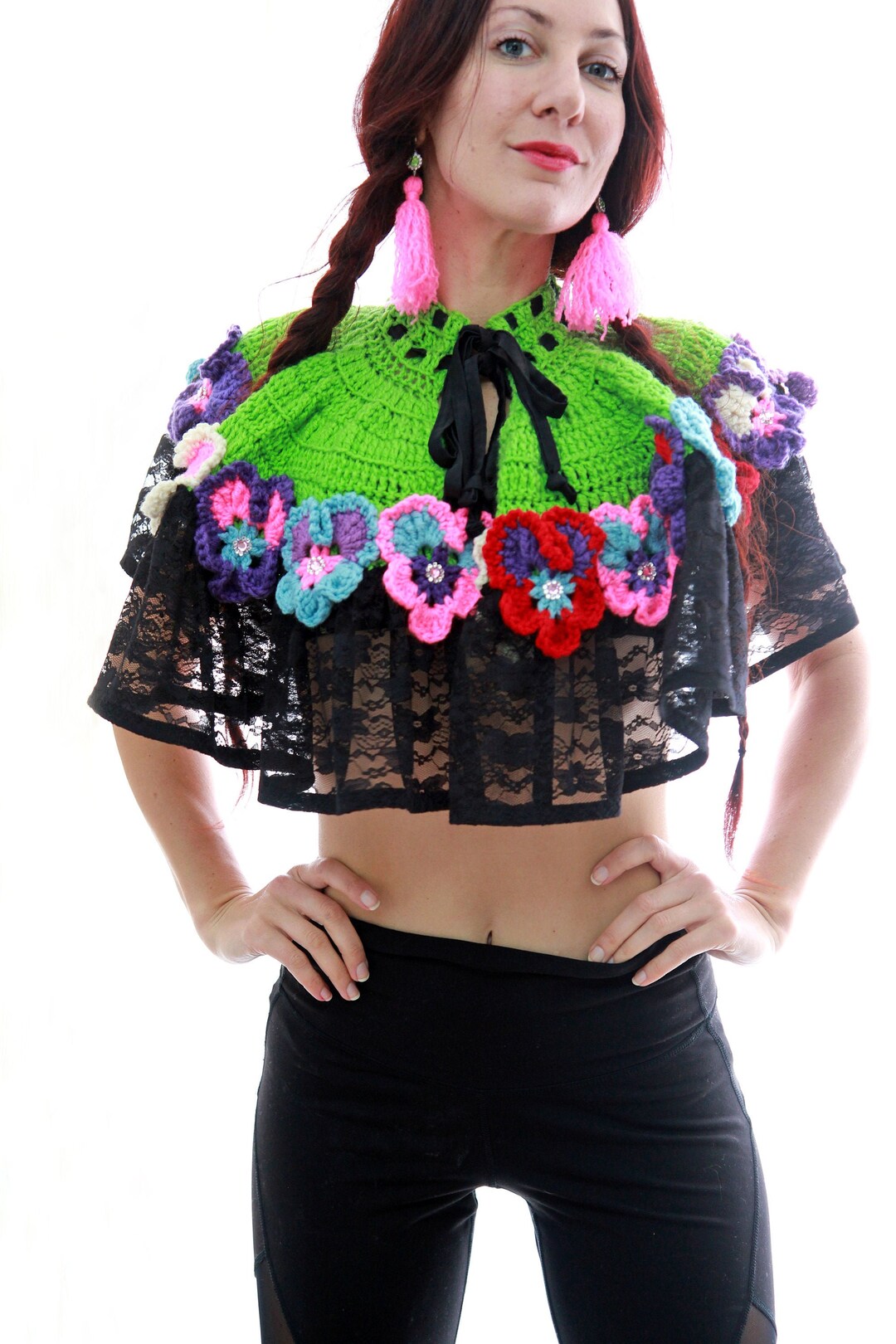 Women's Cape With Flowers - Black Lace and Bright Green Wrap - Avant ...