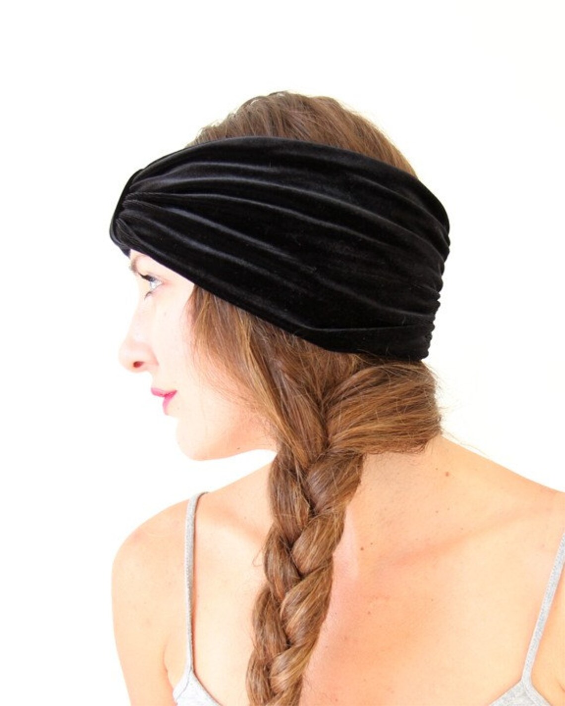 Turban Headband in Black Velvet with Rhinestone Jewel Hippie | Etsy