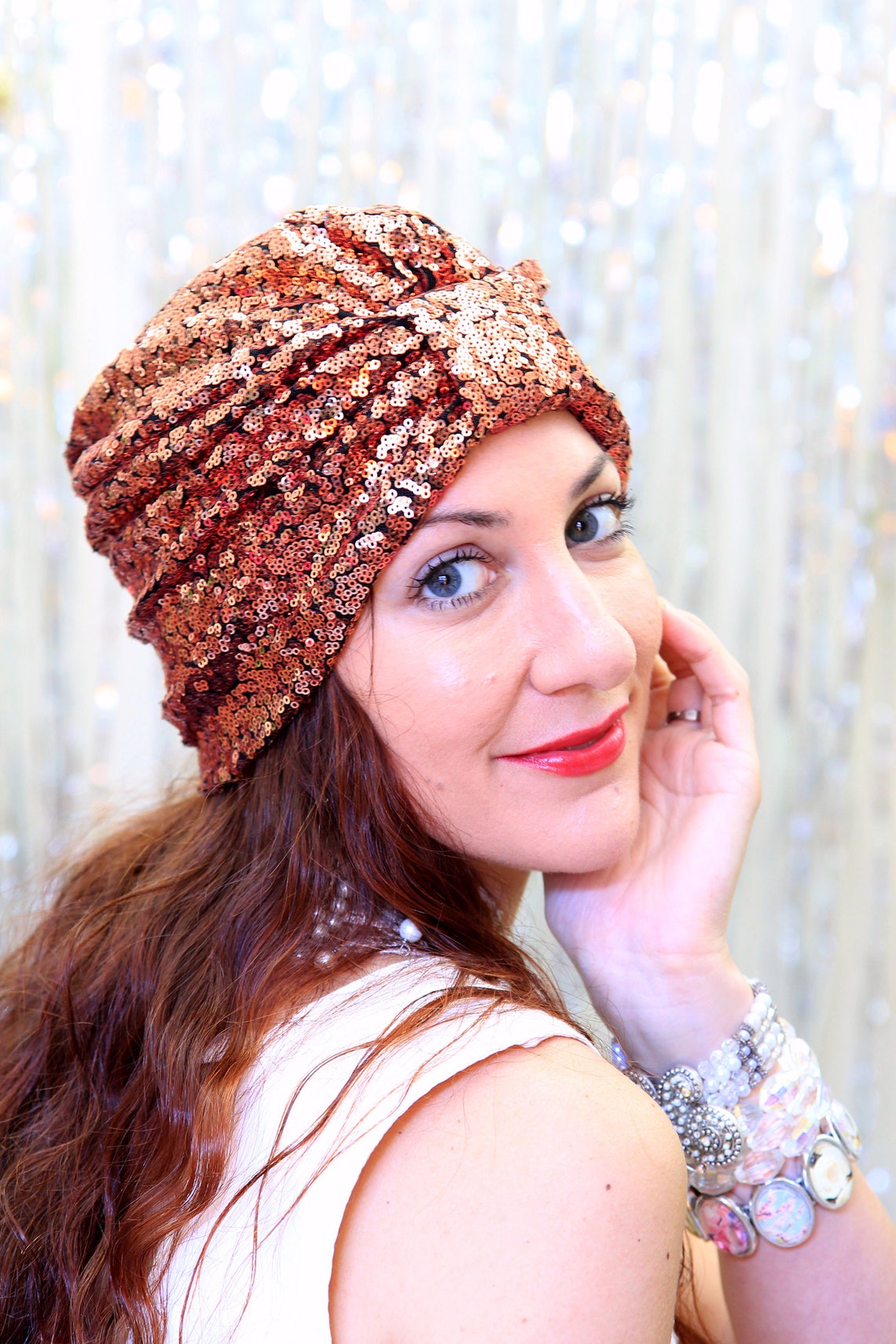 Sequin Turban Hat in Copper - Women's Hair Turbans - Mardi Gras Fashion ...