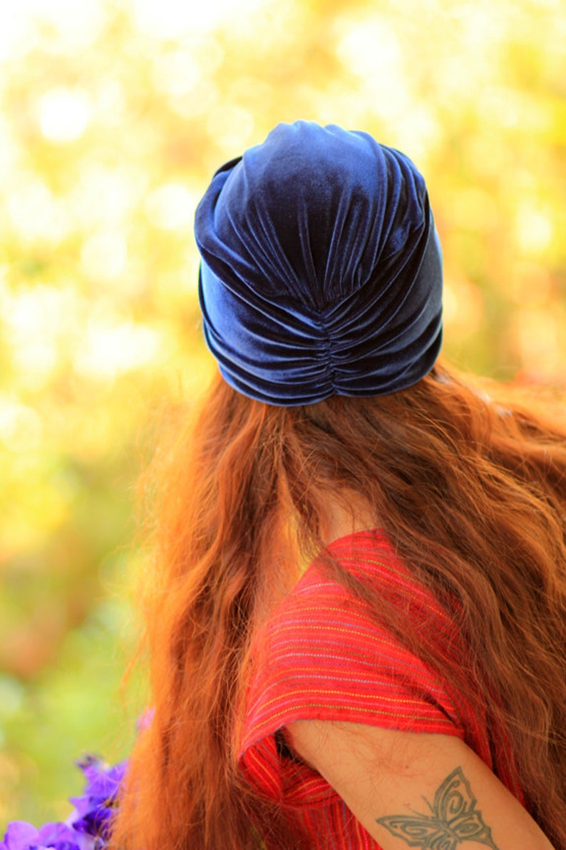 Velvet Turban Hat - Women’s Fashion Hair Wrap in Navy Blue - Bohemian ...