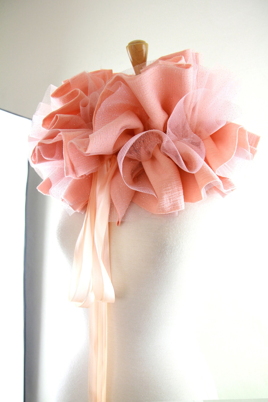 Peach Glitter Tulle and Gauze Collar - Convertible Neck Ruff, Statement ...