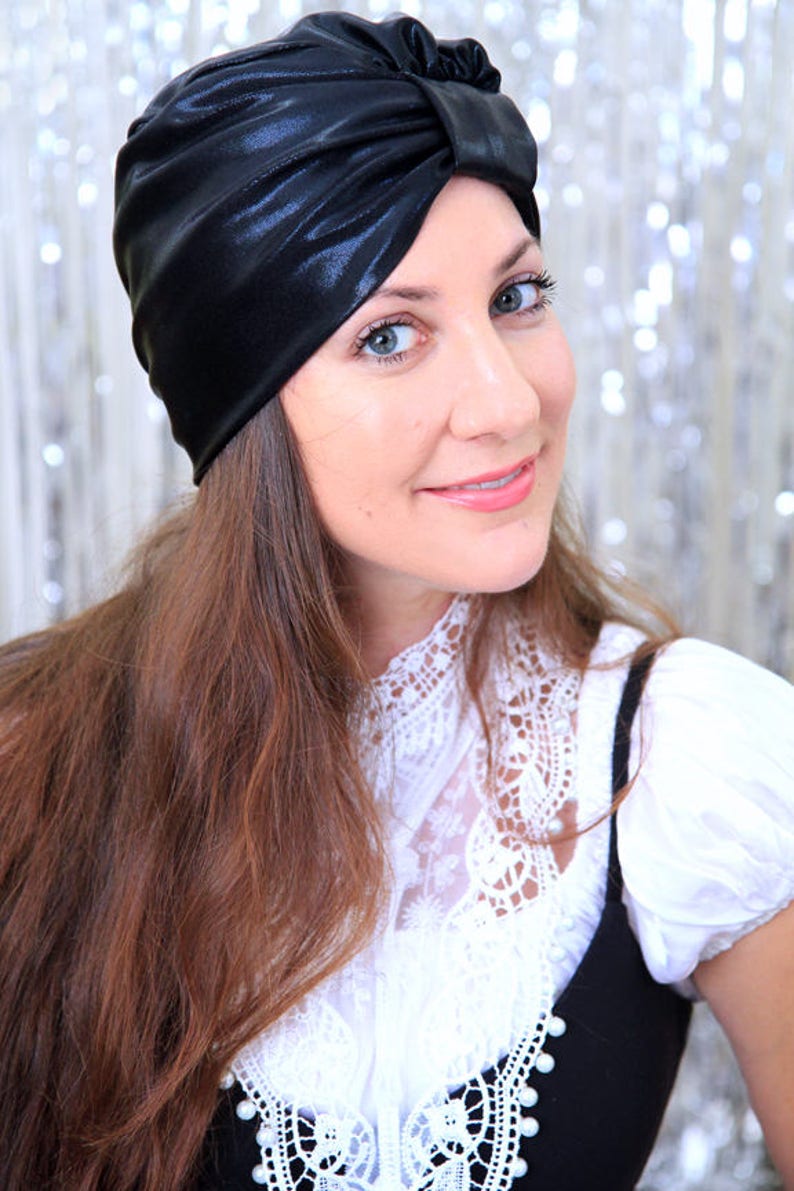 Fashion Turban Hat in Black Metallic - Headwrap Turbans for Women by ...