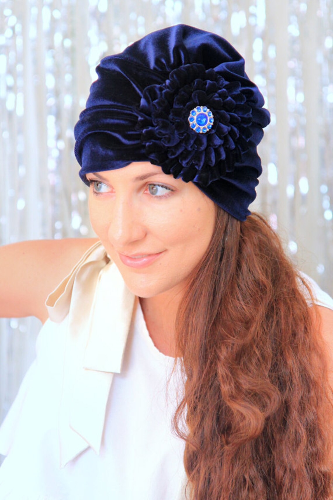 Turban With Flower Navy Blue Velvet Headwrap in | Etsy