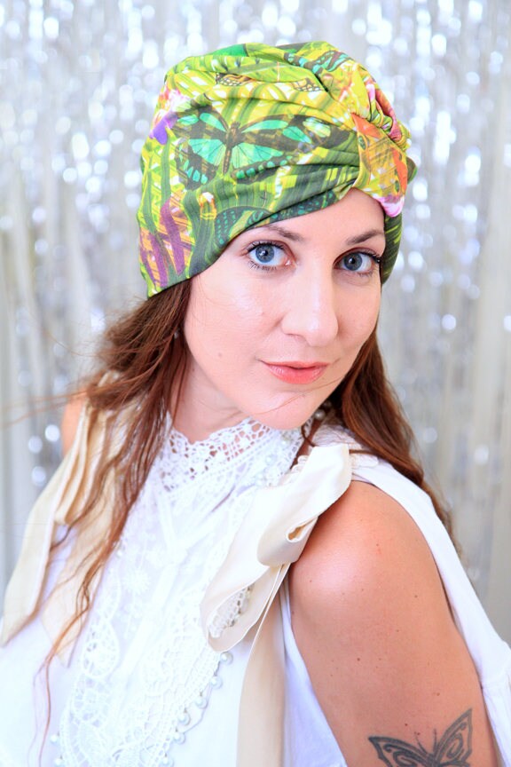 Turban Hat - Women's Organic Cotton Headwrap - Tropical Butterfly Print ...