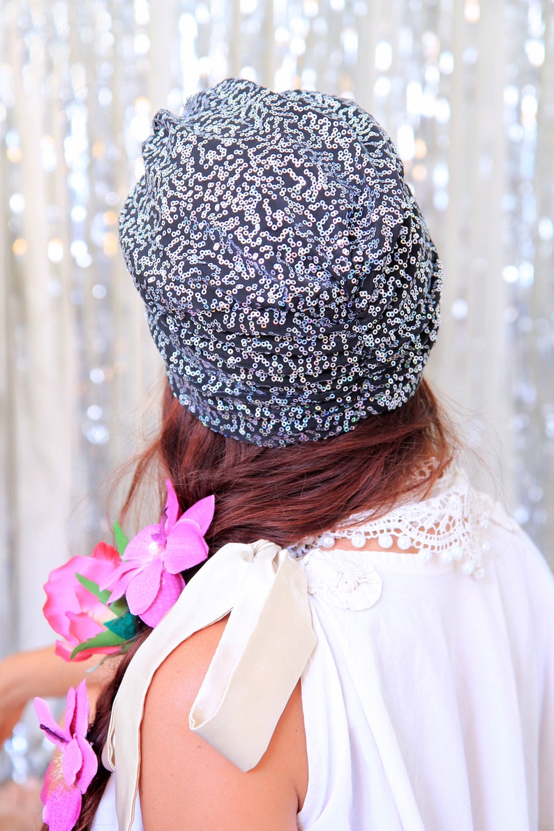Sequin Turban in Silver and Black - Women's Turban Headwrap - Full ...