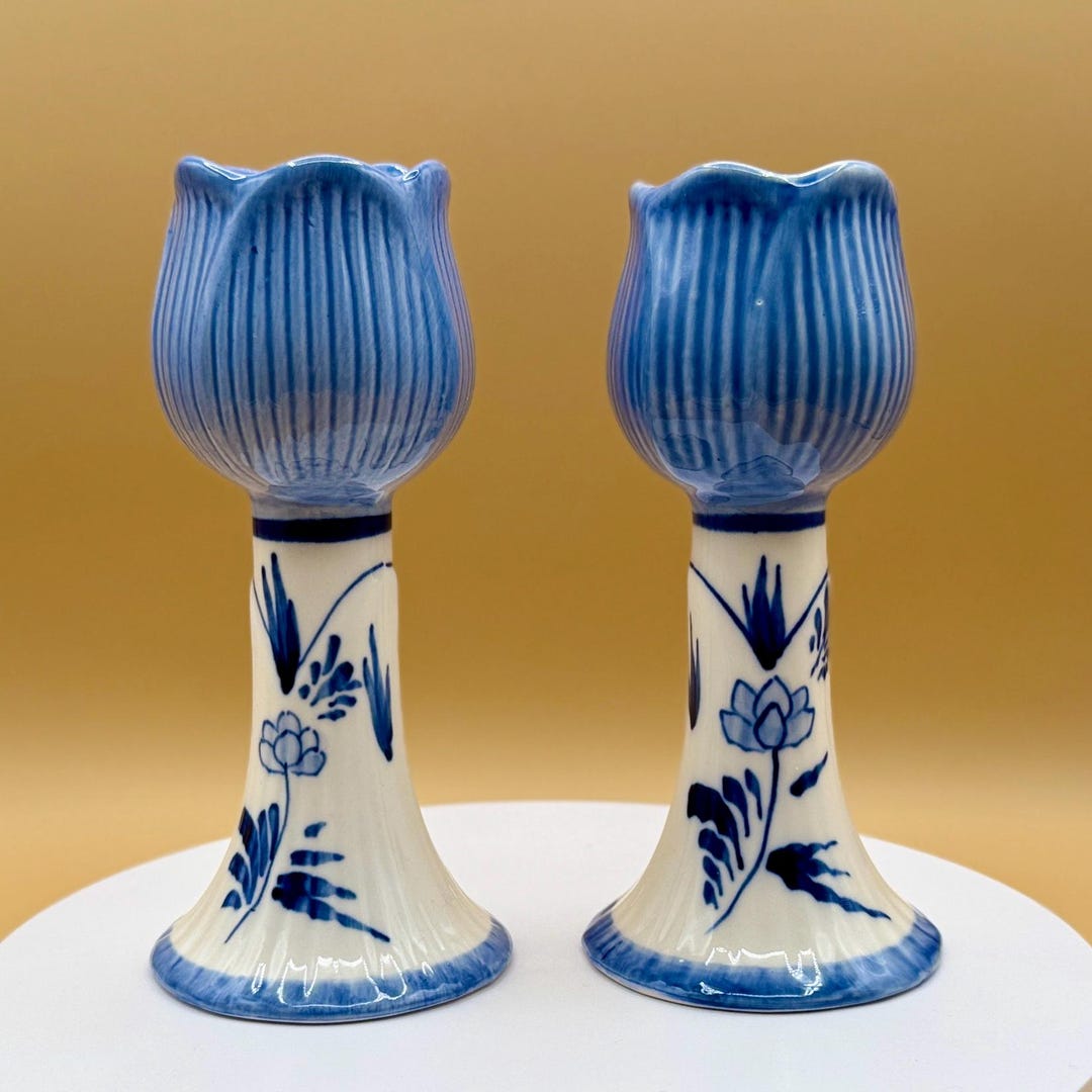 Pair of Delft Blue Tulip Candlesticks item 041157 - Etsy