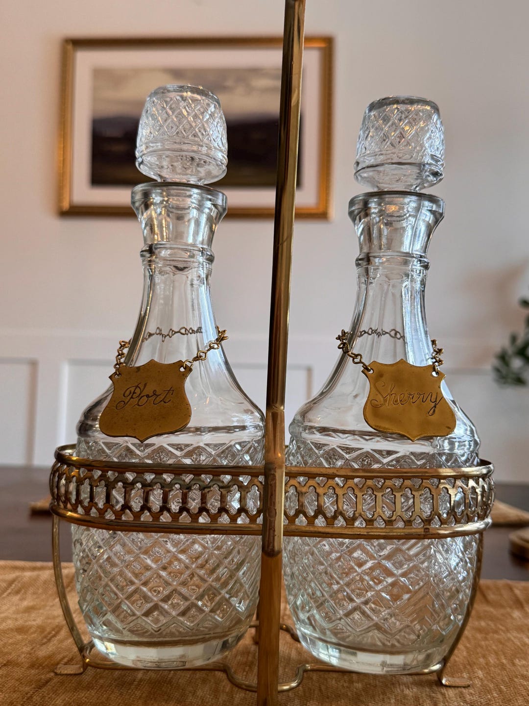 Vintage Port and Sherry Decanters in Brass Holder - Elegant Cut Glass Wine Set- Etched Glass ...