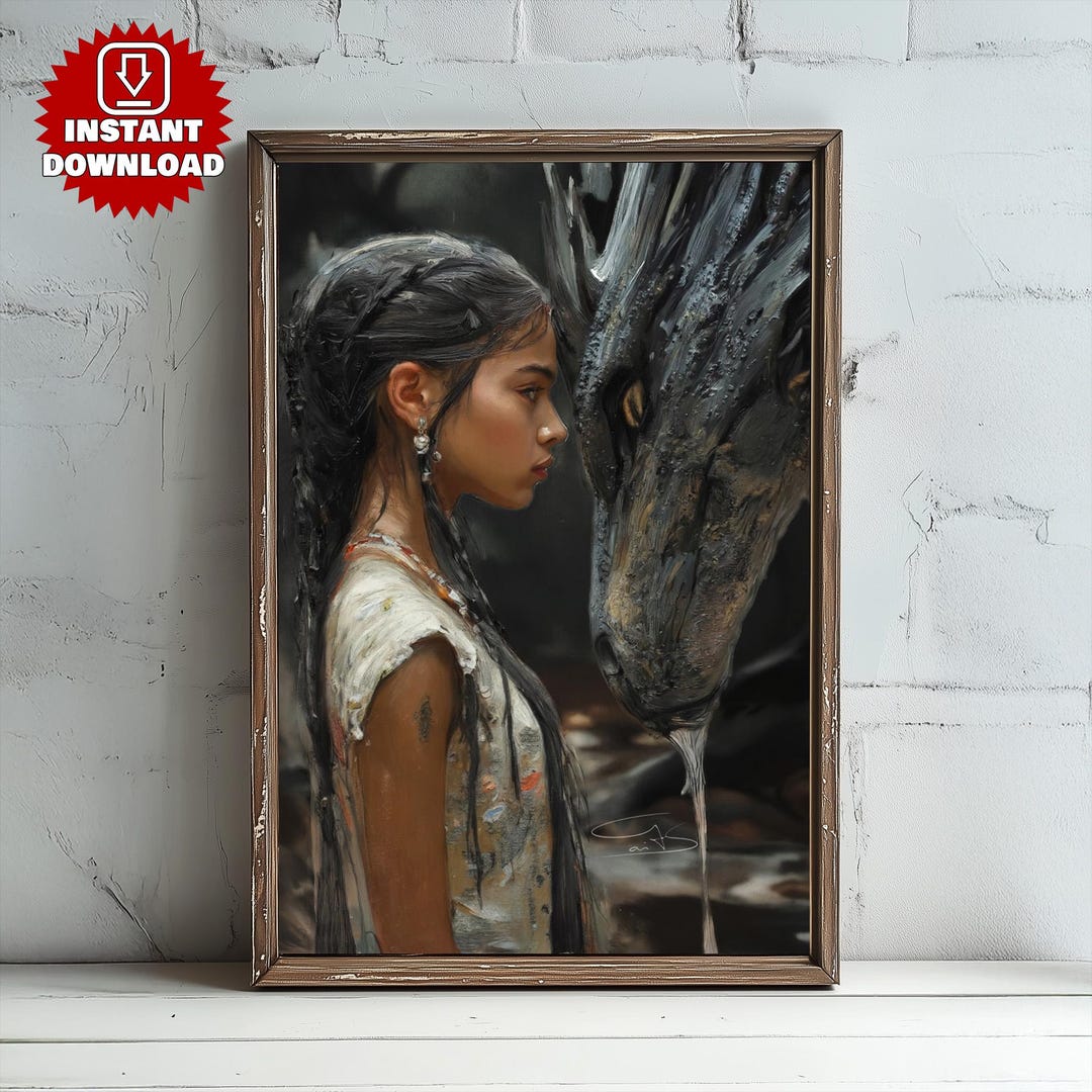 Dragon and Warrior Woman Art Print: Fantasy Wall Decor (digital ...