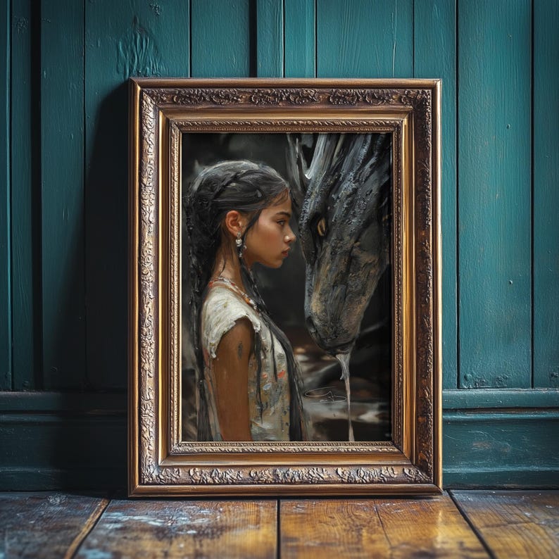 Dragon and Warrior Woman Art Print: Fantasy Wall Decor (digital ...