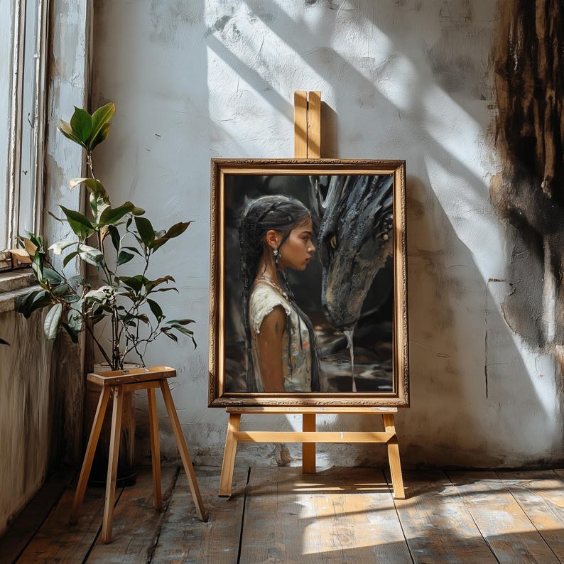 Dragon and Warrior Woman Art Print: Fantasy Wall Decor (digital ...