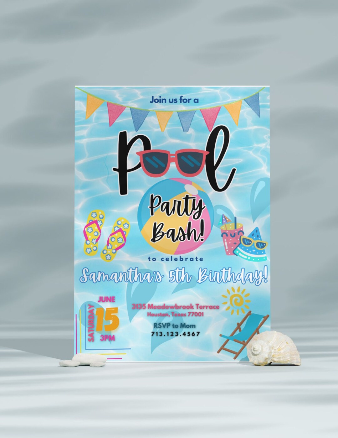 Editable Pool Party Template, Pool Party Birthday Card, Pool Party Bash ...