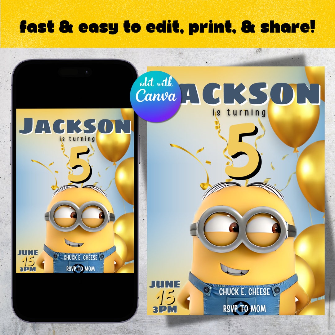 Editable Template, Minions, Canva Template, Party Invitation, Birthday ...