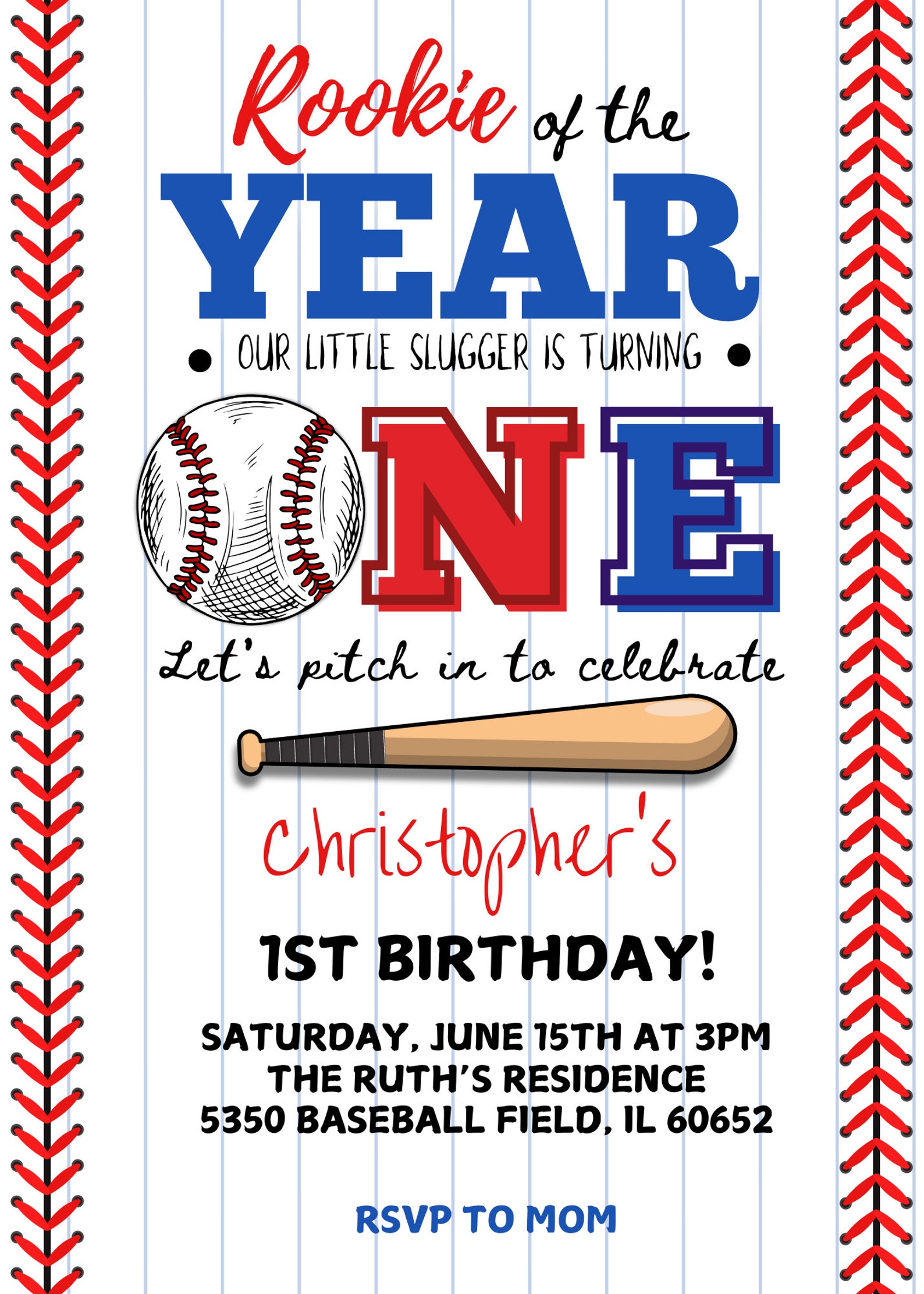 Editable Baseball First Birthday Invitation Template | Baseball Boy ...