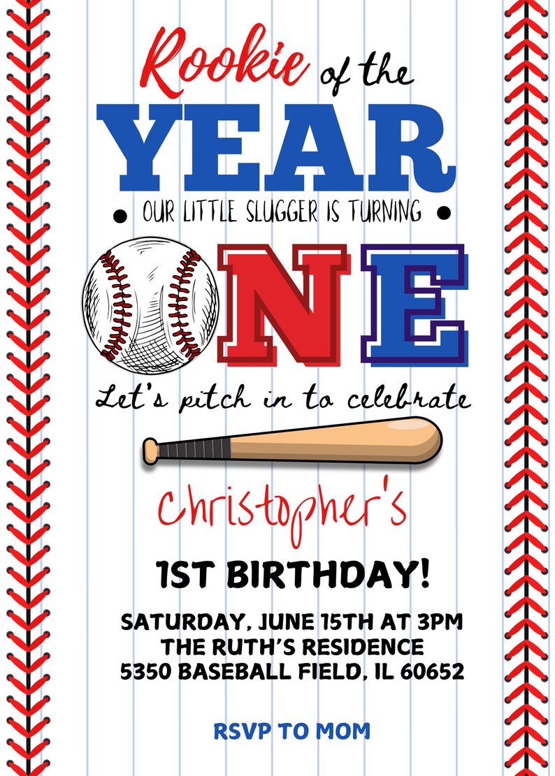 Editable Baseball First Birthday Invitation Template | Baseball Boy ...