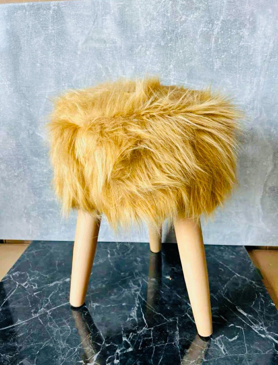 Pyramid Home Decor Round Faux Fur Ottoman fluffy Foot Stool With Fur ...