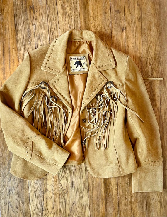 Beige suede jacket with fringes from the 70's • Size M - Gem