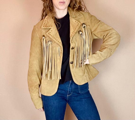 Beige suede jacket with fringes from the 70's • Size M - Gem