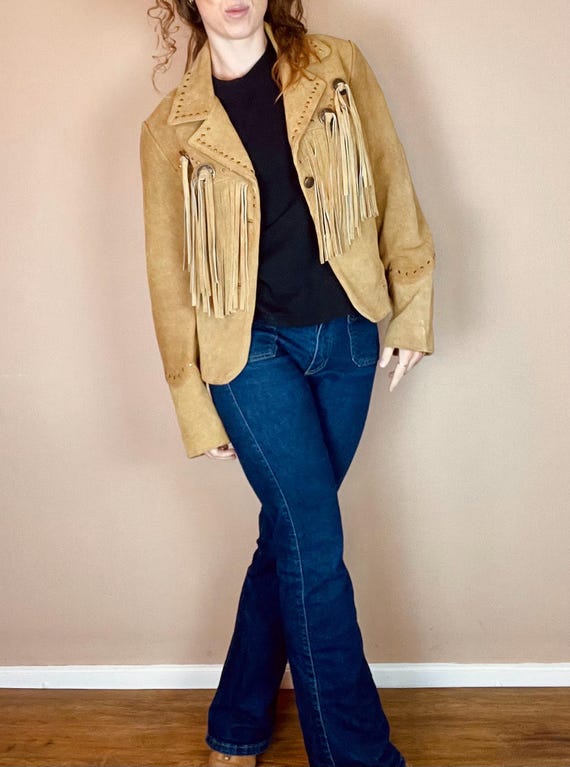 Beige suede jacket with fringes from the 70's • Size M - Gem
