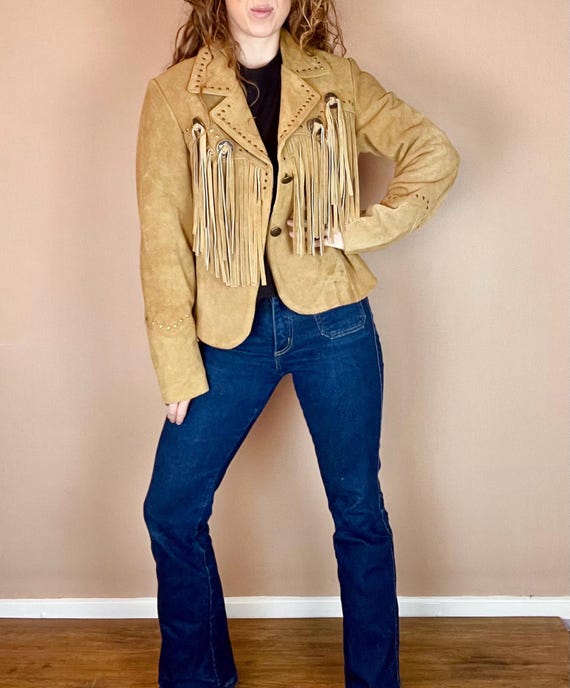 Beige suede jacket with fringes from the 70's • Size M - Gem