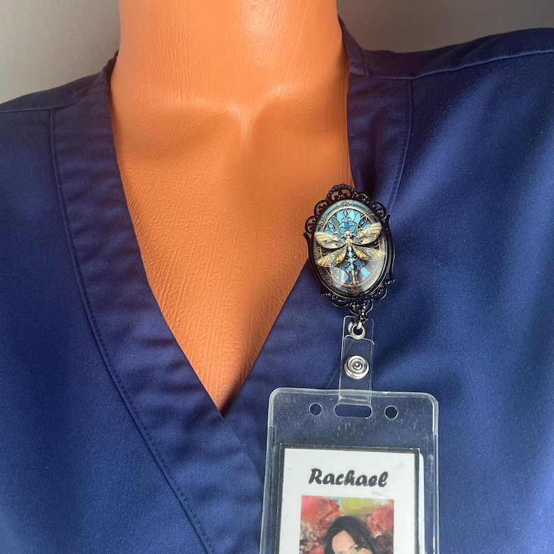 Dragonfly Badge Reel – Blue & Yellow Nurse ID Holder – Vintage Ornate ...