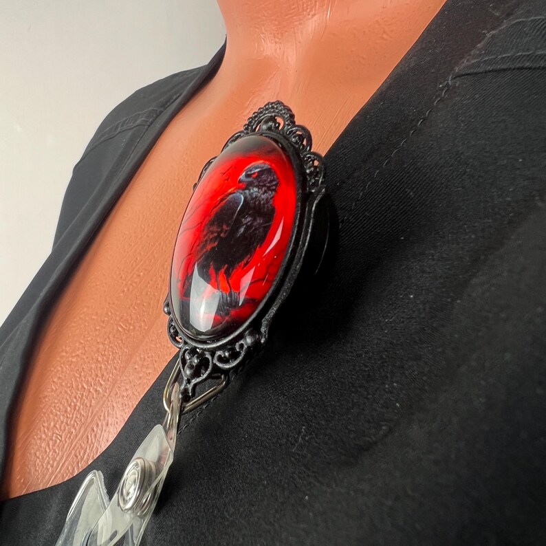 Gothic Raven Badge Reel Red Eye | Vintage Frame Raven ID Holder | Dark ...