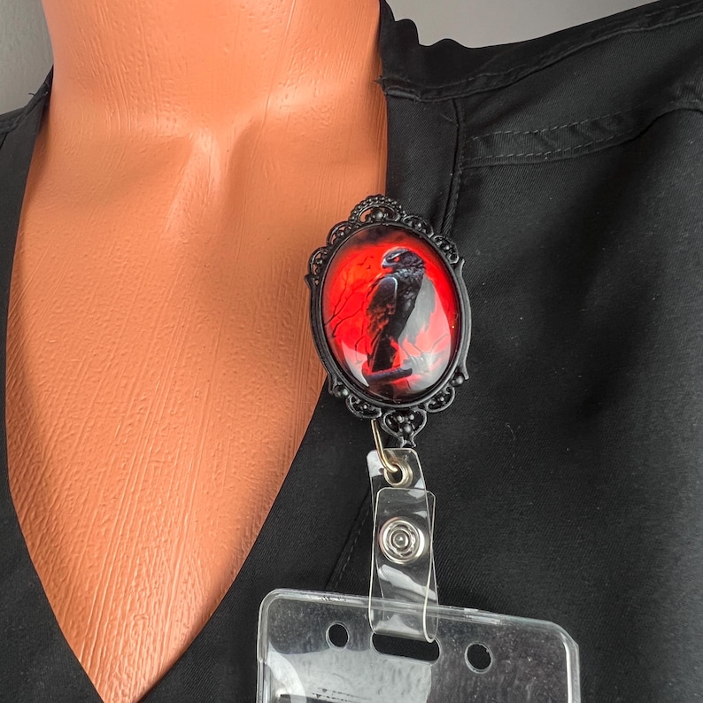 Gothic Raven Badge Reel Red Eye | Vintage Frame Raven ID Holder | Dark ...