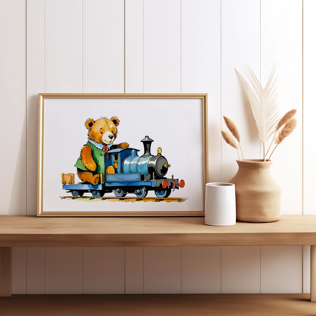 Nursery Wall Art Prints, Whimsical Teddy Bear Train Watercolor Poster ...
